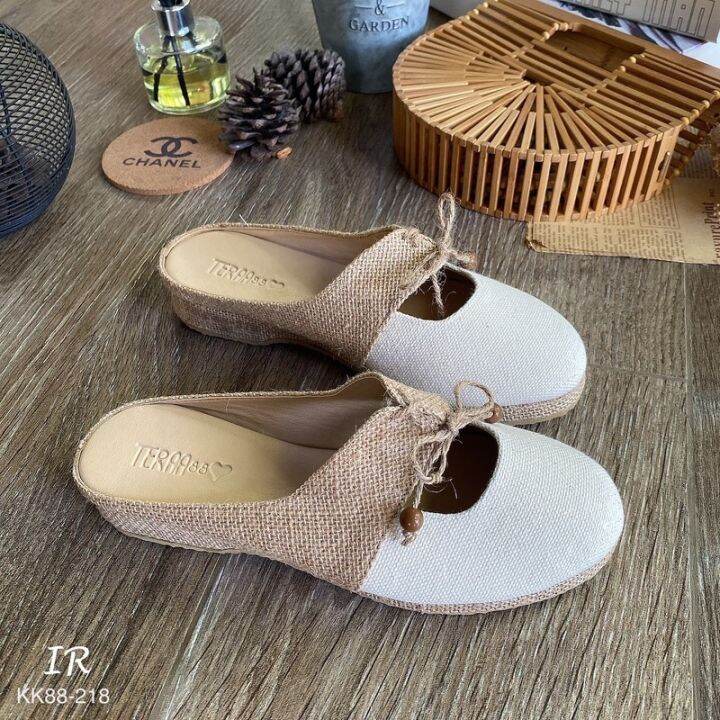 KK88-218 รองเท้างานผ้ากระสอบสีทูโทนสวมเปิดส้น พื้นหนังนิ่ม | Lazada.co.th