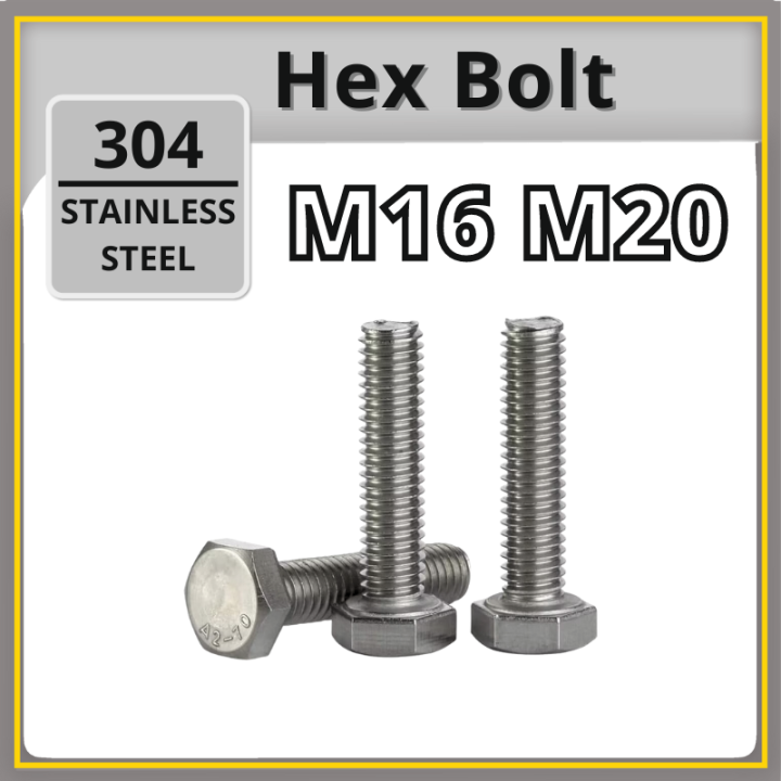 M16 M20 Hex Bolt DIN933 | SUS 304 Stainless Steel Grade A2-70 | Full Thread Skru | M16 Screw M20 ...