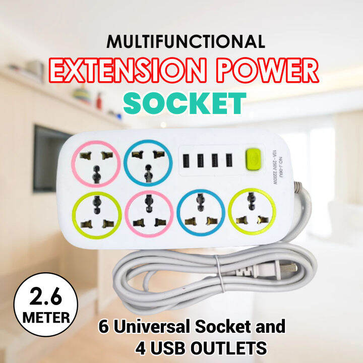2 6m Power Extension With 6 Universal Socket And 4 Usb Outlets Charger
