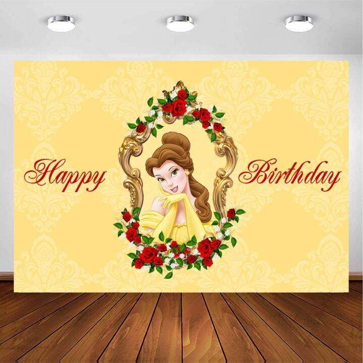 Belle Princess Happy Birthday Photography Backdrop Yellow Fairy Flowers ...