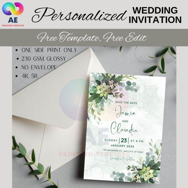 White and Green Motif Minimalist Customize Wedding Invitation (5R 4R ...
