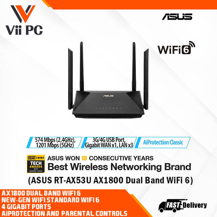 ASUS RT-AX53U AX1800 Dual Band WiFi 6 (802.11ax) Router supporting MU ...