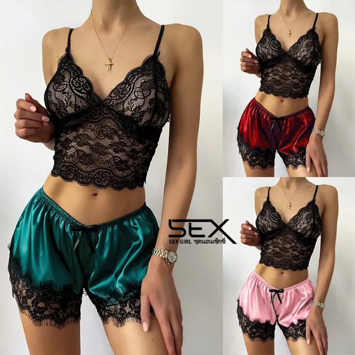 Sex Girl ชุดนอน Xl ชุดนอนกางเกงซาตินแบบ 2ชิ้นเสื้อแต่งระบาย กางเกงสั้น