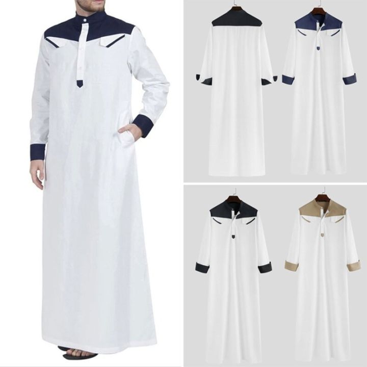 Muslim Thobe Comfortable Men Caftan Long Sleeve Contrast Color Muslim ...
