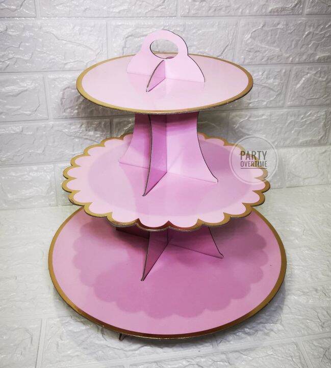3 Tier Pastel Pink Cupcake Stand Gold Edge Birthday Christening Gender Reveal Anniversary Party