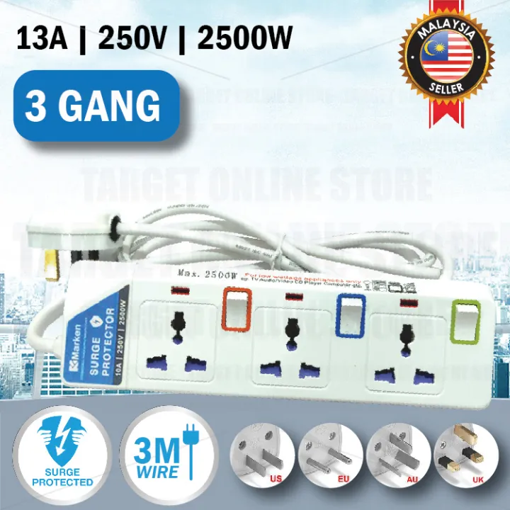 (3M) 3 GANG MARKEN Extension Power Strip with Surge Protector Multi ...