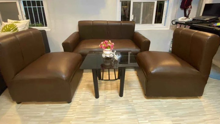 sala set brown leather with glass table | Lazada PH