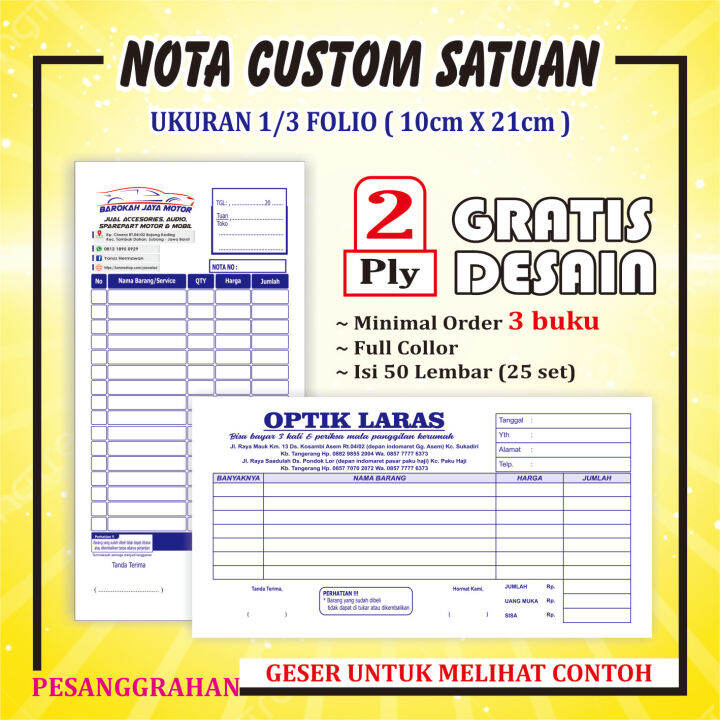 Cetak nota custom olshop 2 ply 1/3 panjang isi 25 set, Nota laundry ...