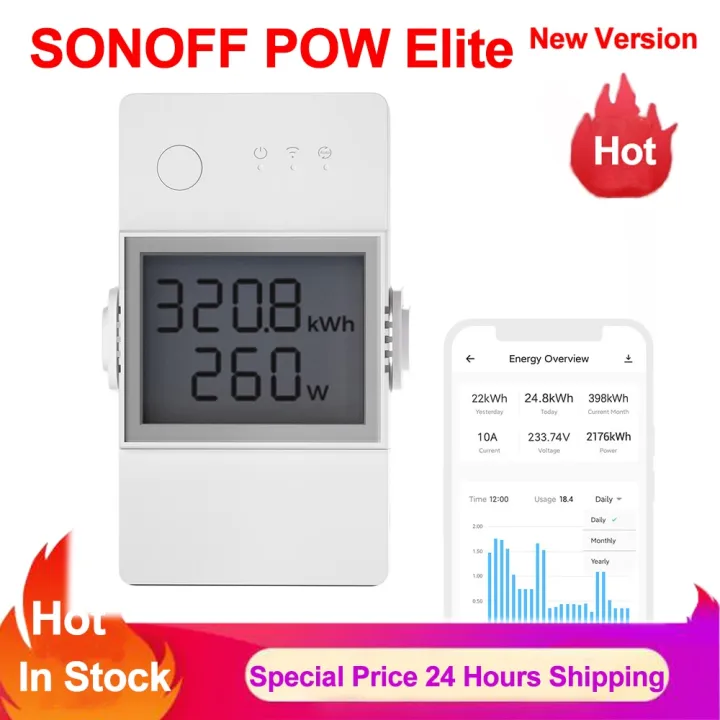 2 SONOFF POW Elite 16A 20A Wifi Smart Power Meter Switch Voltage, Current, Power Consumption LCD ...