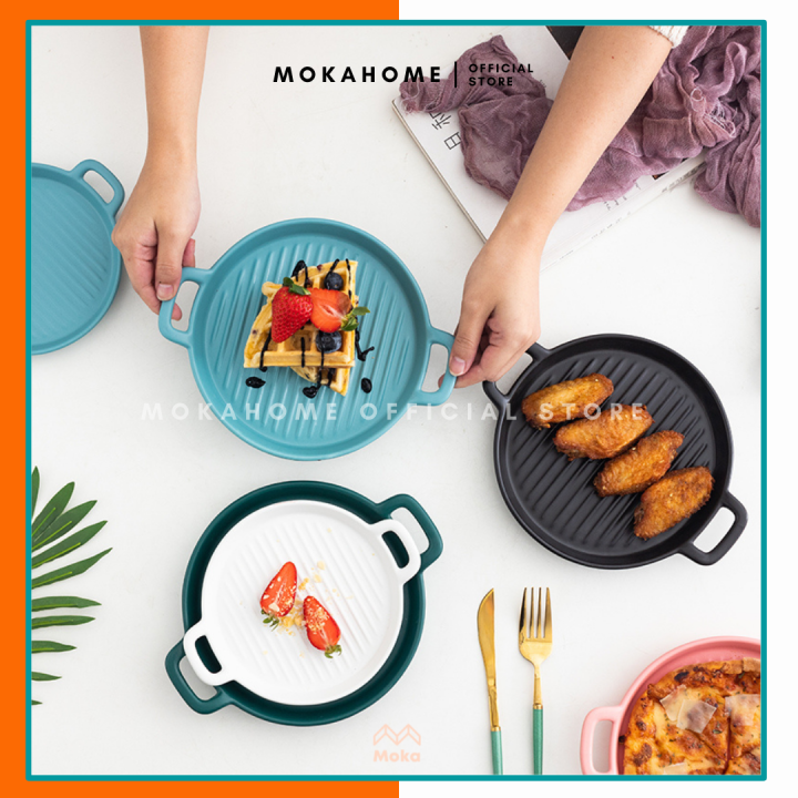 Mokahome Ceramic Plate With Handle Two Ear Baking Plate Double Handle ...