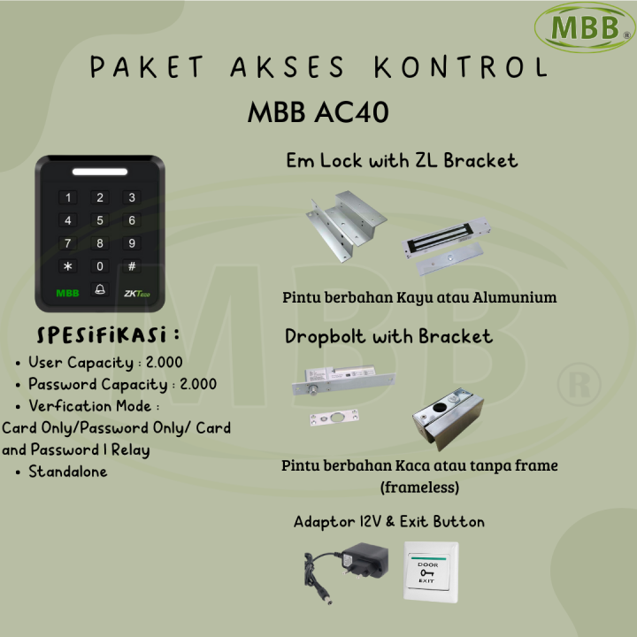 Paket Akses Kontrol Pintu Kartu dan Password (PIN) MBB AC40 | Lazada Indonesia