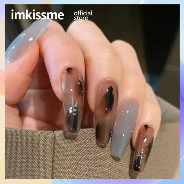 24pcs Detachable Amber False Nails Heart Round Head Wearable Coffin