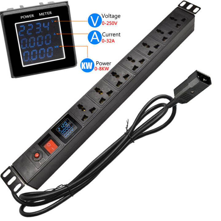 Power Strip 19inch PDU Distribution Unit with Digital Power meter Wattmeter Universal Socket ...