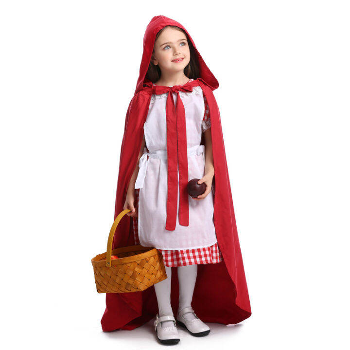 Girls Plaid Dress Kids Little Red Riding Hood Costume Halloween ...