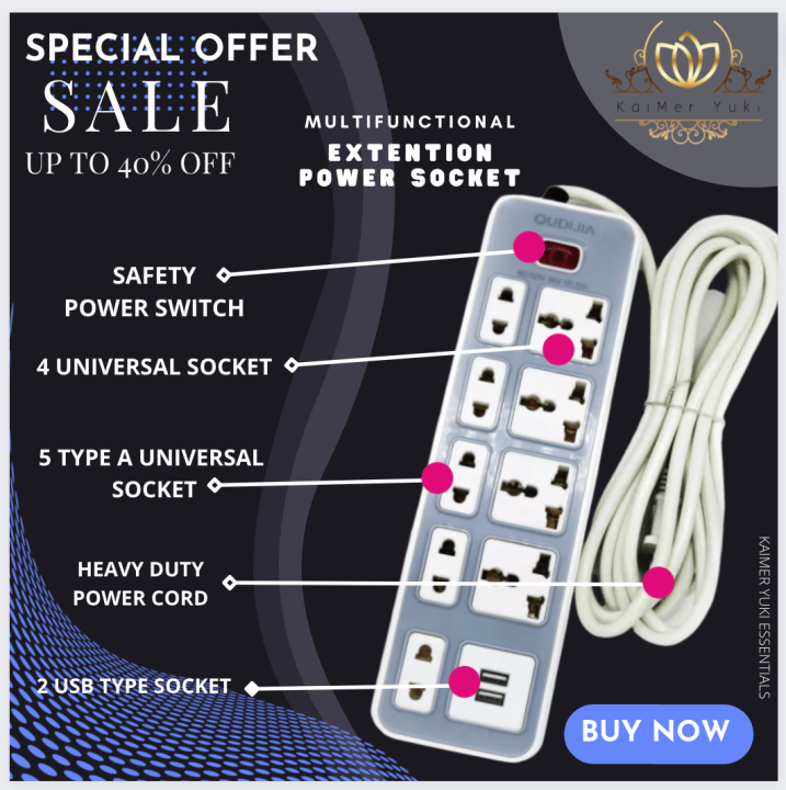 KAIMER YUKI -Power Extension With 9 Universal Socket and 2 USB outlets ...