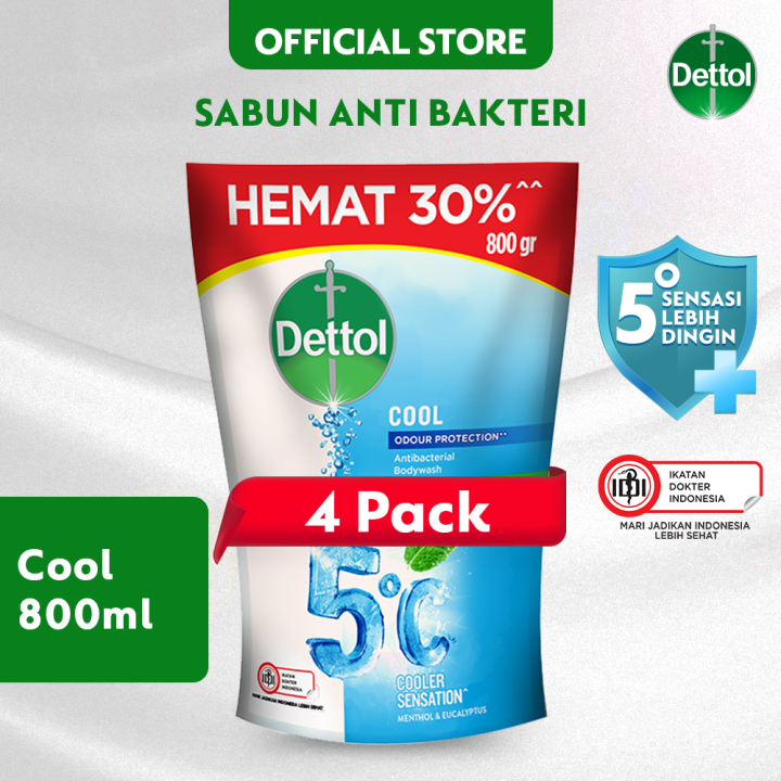 Dettol Sabun Mandi Cair Anti Bakteri Cool 800 ml pouch x4 | Lazada Indonesia