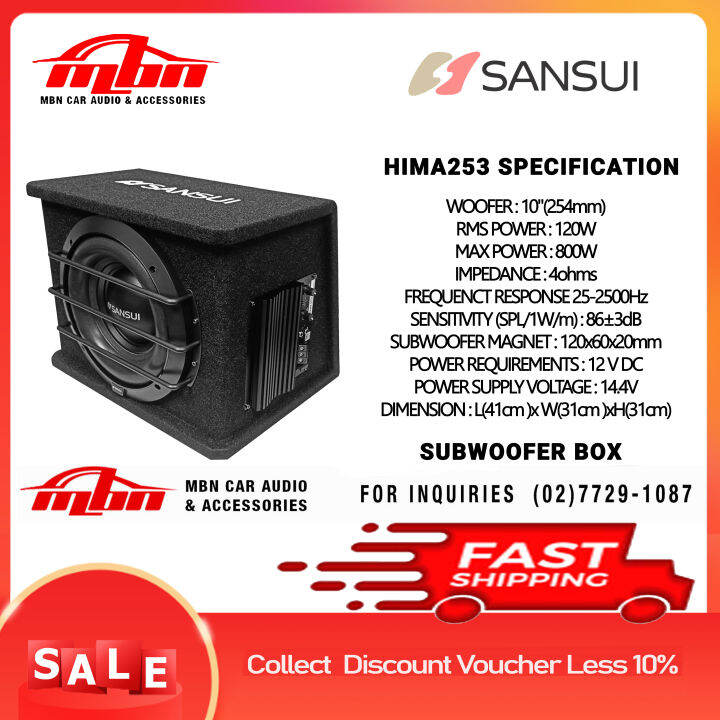 Sansui 10" (254mm) Amplified Car Audio Subwoofer Box 800W Max Power ...