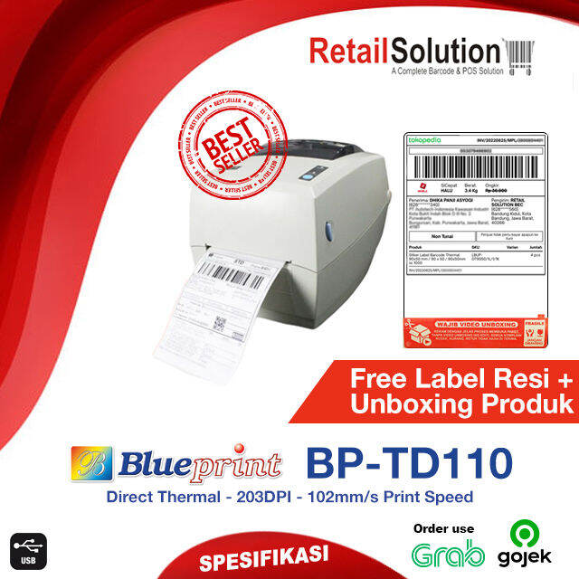 Printer Barcode Label Thermal USB Bluetooth - Blueprint TD110 / TD-110 ...