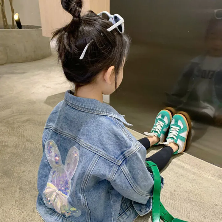 1 12ปีสาวแจ็คเก็ตยีนส์เสื้อผ้าเด็กผู้หญิงแฟชั่นใหม่เด็ก Jean เสื้อสำหรับสาวน่ารักกระต่าย Sequis