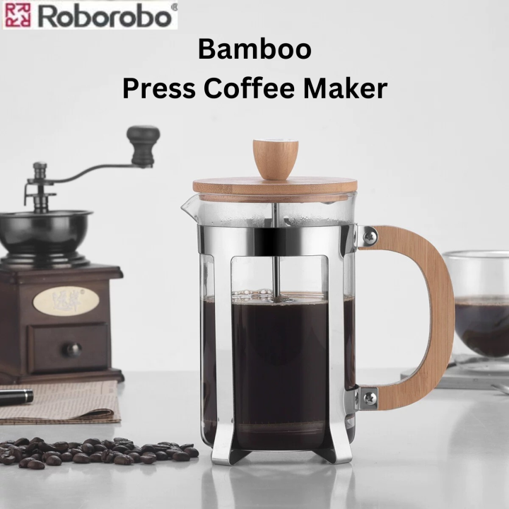 Roborobo Natrual Bamboo Lid Handle Glass Press Coffee Maker Stainless ...
