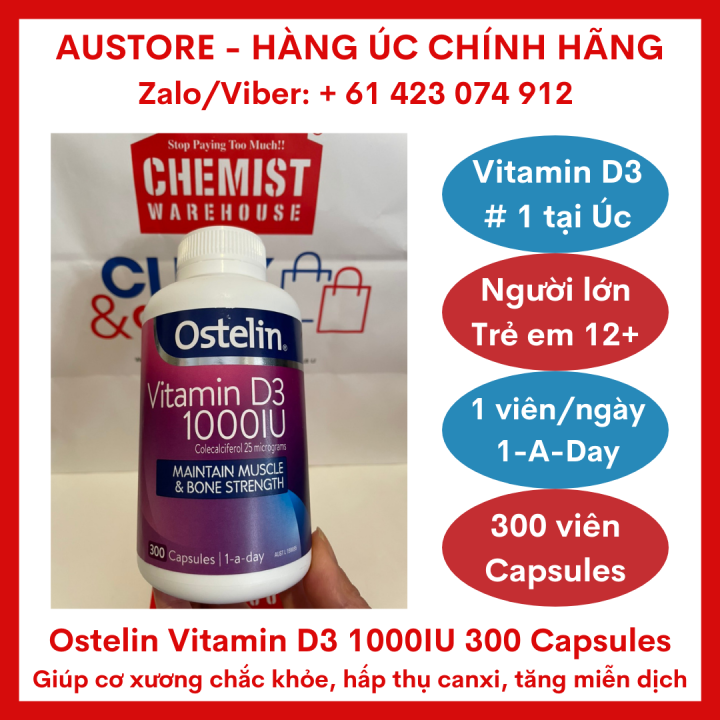 [Bill Úc] Ostelin Vitamin D3 1000IU, Calcium & Vitamin D3 300 Capsules - Viên uống bổ sung ...