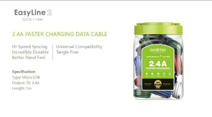 Oraimo EasyLine Kabel Data Mikro Usb 5V 2.4A 1 toples isi 20 Faster Charging OCD 113M | Lazada ...