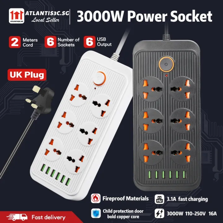 Original 3000W extension cord Power Strip Multi Plug with 6 AC Outlets ...