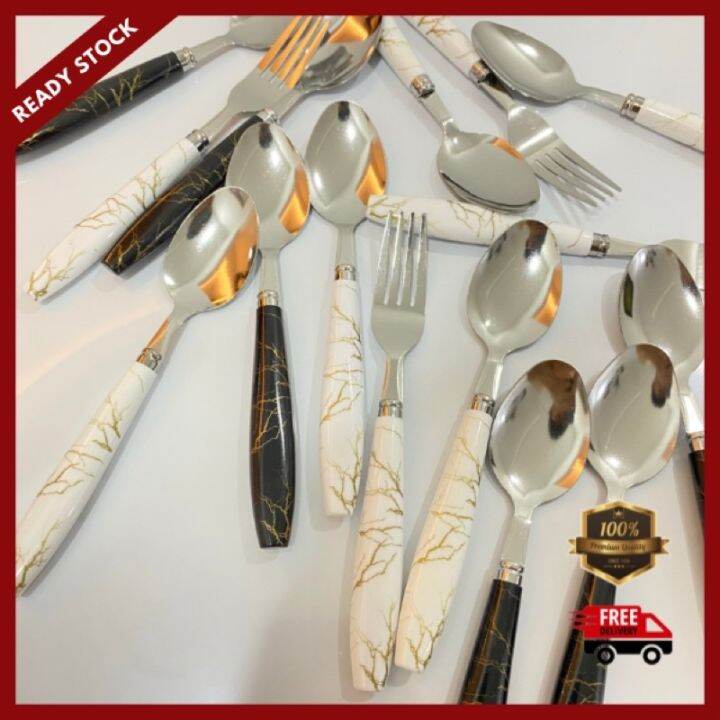 🔥READY STOCK🔥5 pcs White And Black Marble Spoon And Fork Stainless ...