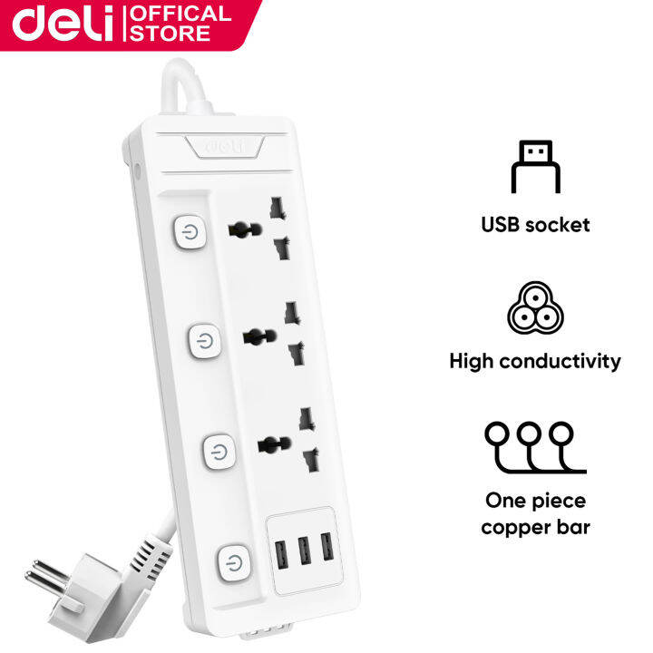 Deli 2 Meters Universal Hole Extension Cord Socket 3 Groups+3 USB Port ...