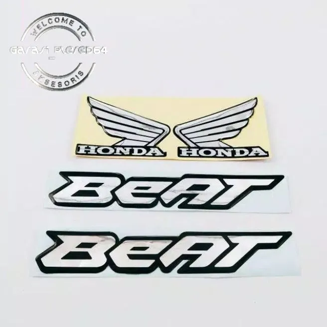 Stiker emblem timbul tulisan beat dan logo sayap honda warna silver ...