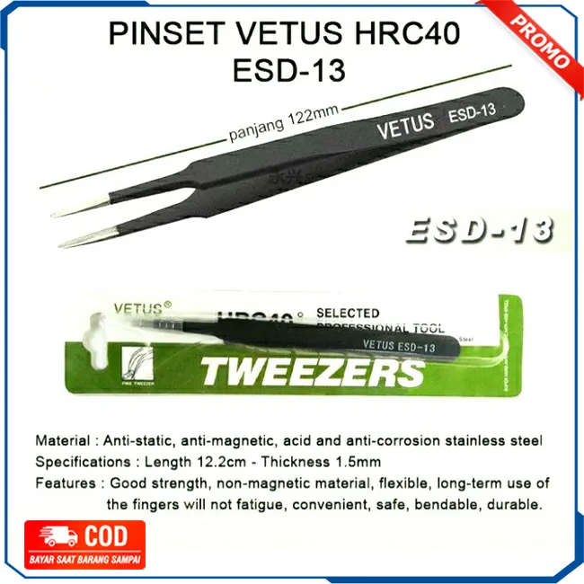 Pinset Vetus Tweezer Lurus Tumpul Tebal ESD-13 Black Stainless Steel ...