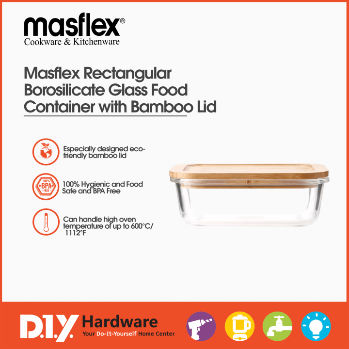 Masflex Rectangular Borosilicate Glass Food Container With Bamboo Lid ...