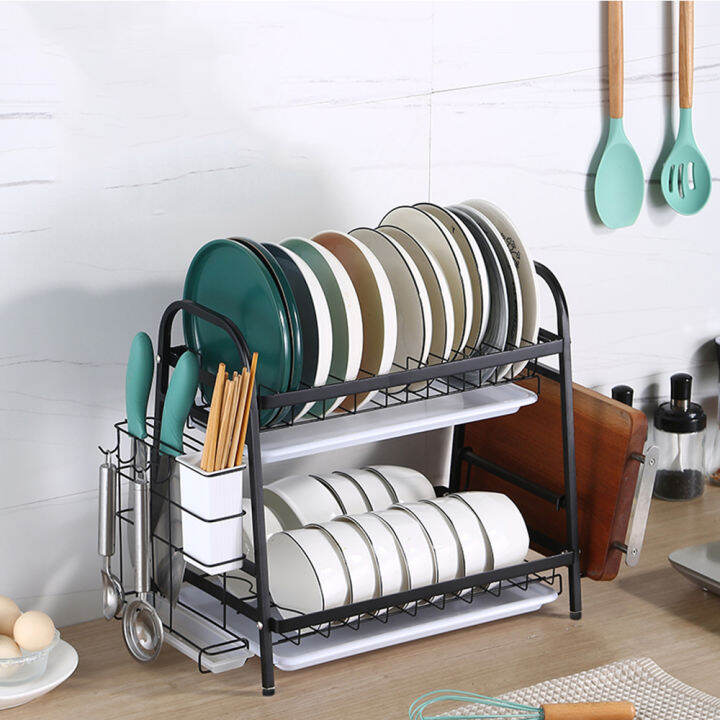 42cm Kitchen Utensils Plate Bowl 2 Tier Dish Drainer Rack (Black ...