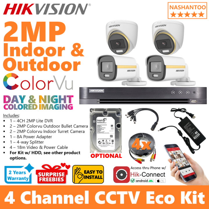HIKVISION 4CH 2MP 4Cameras (2 Outdoor Bullet, 2 Indoor Turret/Dome) ColorVU 4CH DIY CCTV Package ...