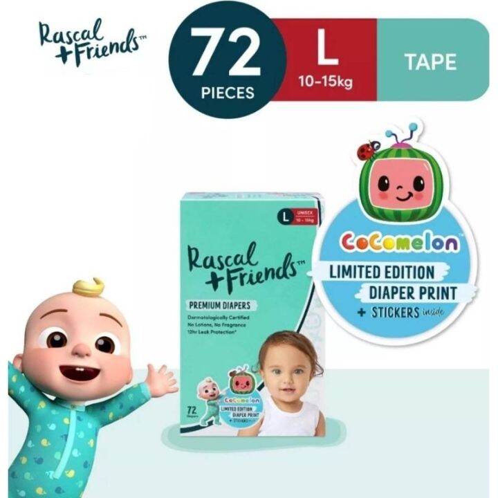 Rascal and Friends Cocomelon Edition- Large Tape Diapers 72pcs with ...