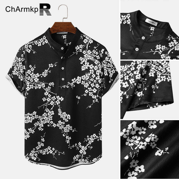 Beehoo ChArmkpR เสื้อยืดผู้ชายพิมพ์ลายแขนสั้นลายดอกไม้เสื้อคอตั้งเสื้อ ...
