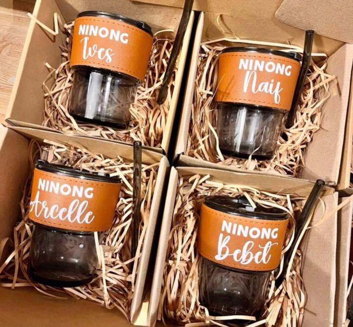 PERSONALIZED MINI GLASS TUMBLER / MUG WITH STRAW AND LEATHER SLEEVES ...