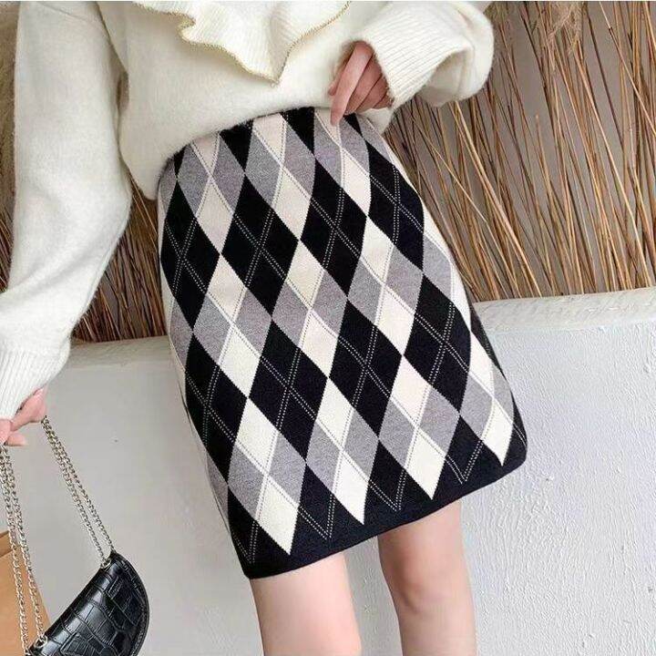 SHA[การขายแบบ จำกัด เวลา] 2022 ฤดูใบไม้ร่วงและฤดูหนาวเพชรลายสก๊อตเอวสูงครึ่งตัวกระโปรง A คำ ...