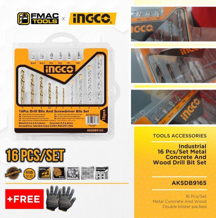 INGCO Industrial 16 Pcs/Set Metal Concrete And Wood Drill Bit Set ...