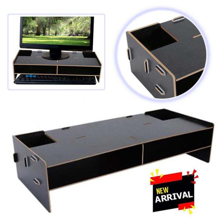 Computer Wood Monitor Stand Keyboard Drawer Desk Organizer Storage Box ...
