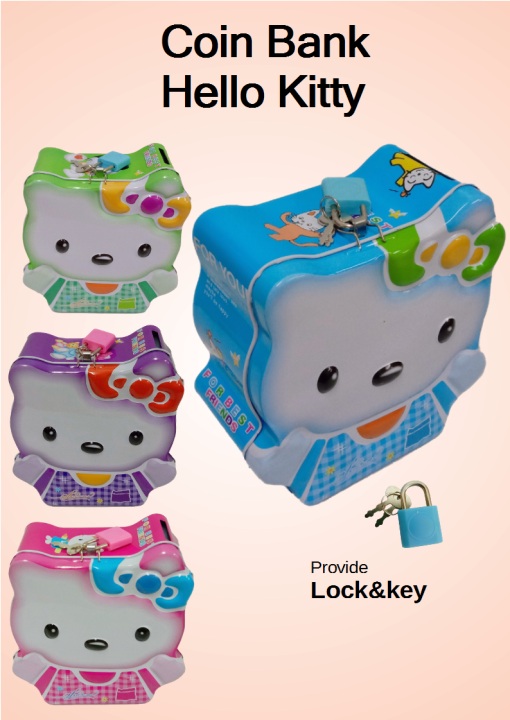Hello Kitty Coin Bank with lock & key Tabung Duit Saving Box Cartoon ...