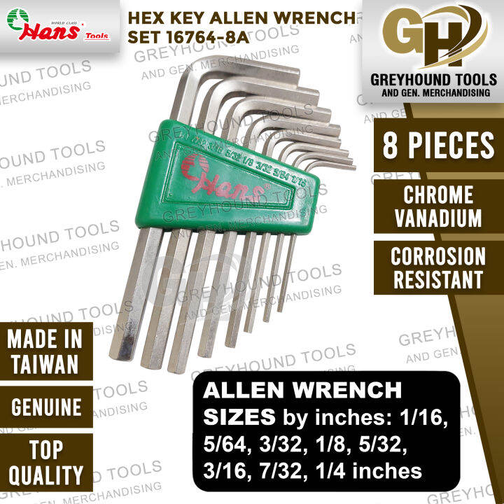 Hans Hex Key Allen Wrench Set 1/16"-1/4" 8 Pieces 16764-8A | Lazada PH