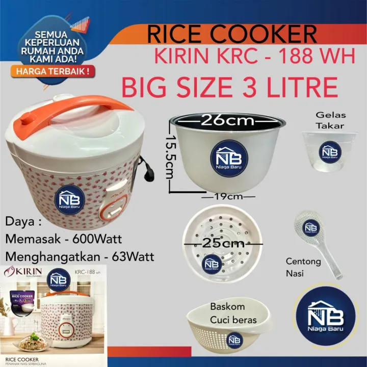 KIRIN MAGIC COM / RICE COOKER KRC-188WH / 188 WH 3 LITER | Lazada Indonesia