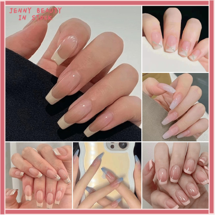 【free Glue】24pcs Fake Nails Set With Glue Long Nails French Nail Care