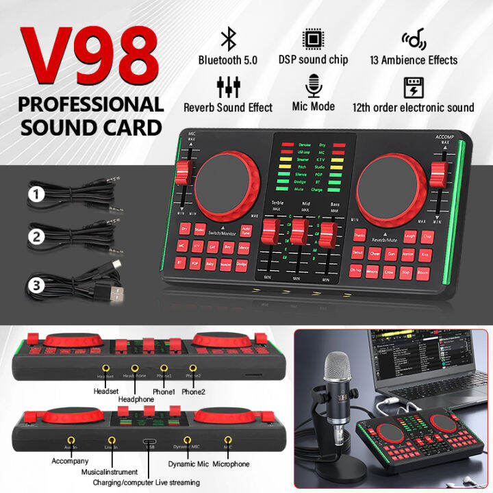Original V98 Sound Card Live Singing Equipment Audio Mixer Streaming Bluetooth 13 Sound Effects ...