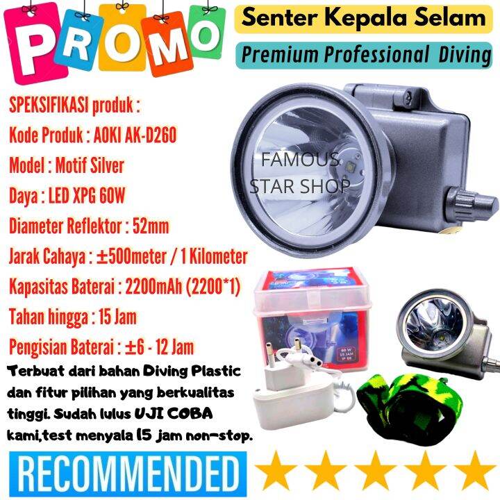 Senter Kepala Selam Premium Professional Diving AOKI AK-D260 IP68 60w ...
