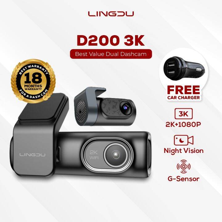 Lingdu Dashcam D200- 3K (Front 2K+ Rear 1K)-Night Vision-Built in GPS | Lazada Indonesia