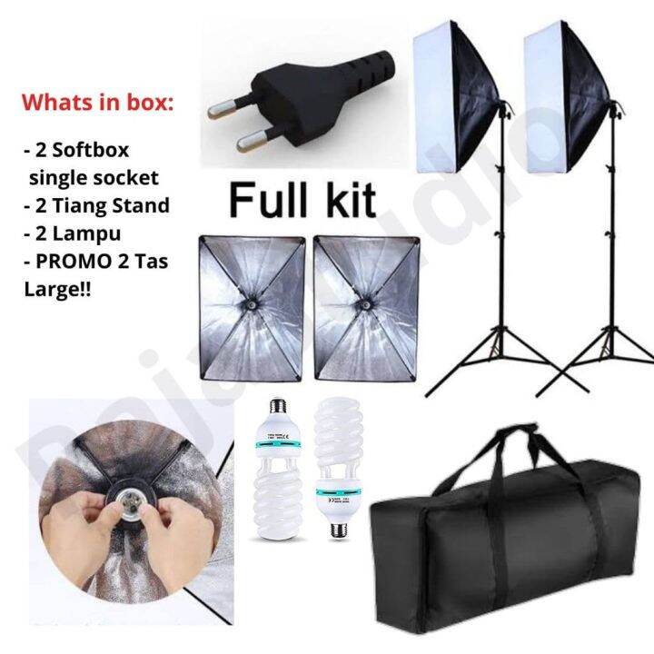2 SET Lampu Studio set Softbox + light stand + Lampu Bohlam Foto video ...