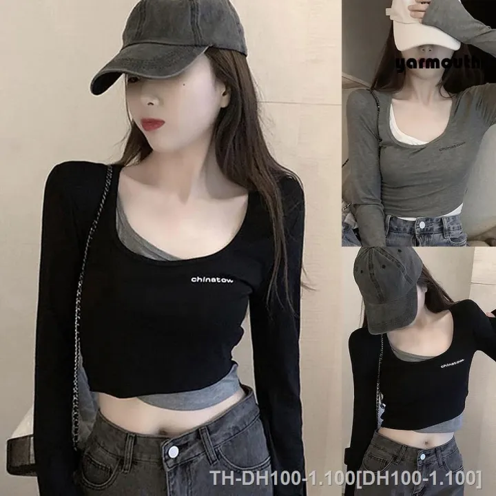 ♦ DH100-1.100 Yrm เสื้อครอปแขนยาวพิมพ์ลายตัวอักษรสําหรับผู้หญิง | Lazada.co.th