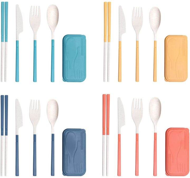 4pcs Pack Collapsible Travel Utensil Set with Case, Wheat Straw ...